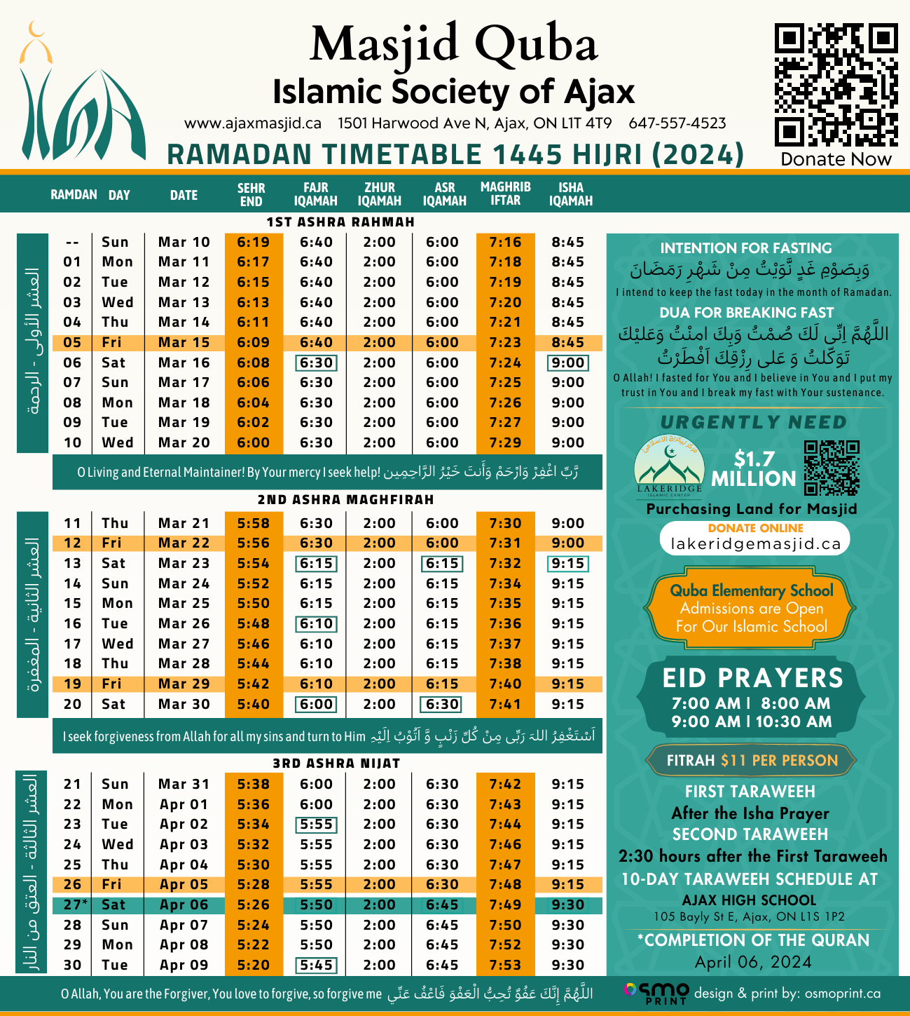 Ramadan Timetable 1445 Hijiri (2024) for Ajax, Ontario – Masjid Quba ...